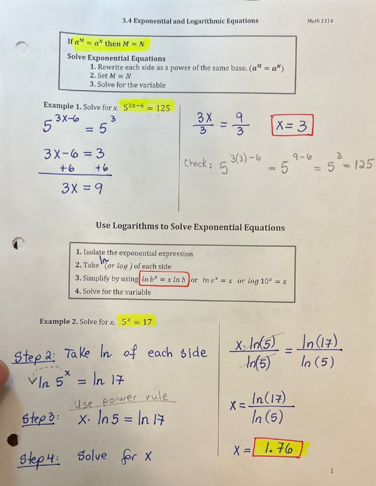 3.4- 1 Exponential an Logarithmic equations - MATH 1314 - Studocu