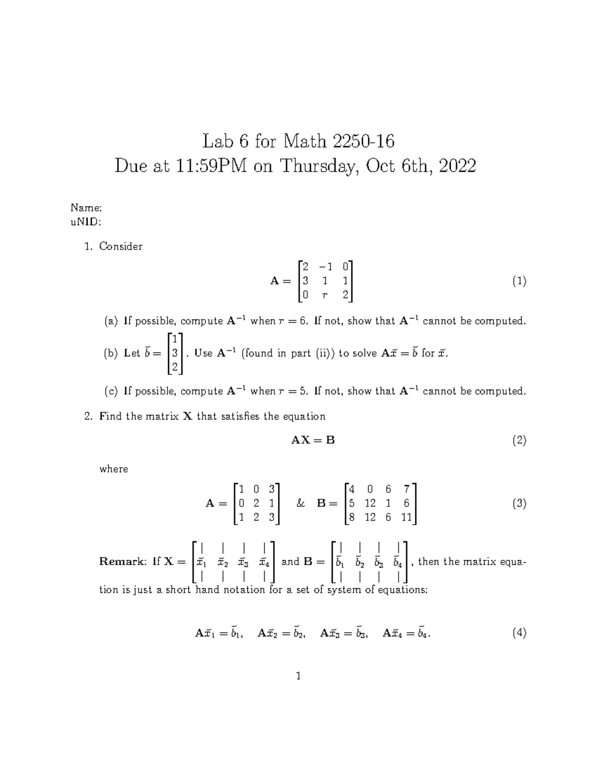 Lab6 - This lab 6 assignment for math 2250 - Lab 6 for Math 2250- Due ...