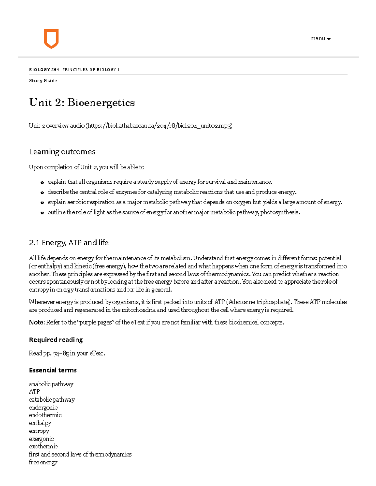 Study Guide - Unit 2 - AU BIO 204 - menu BIOLOGY 204 : PRINCIPLES OF ...