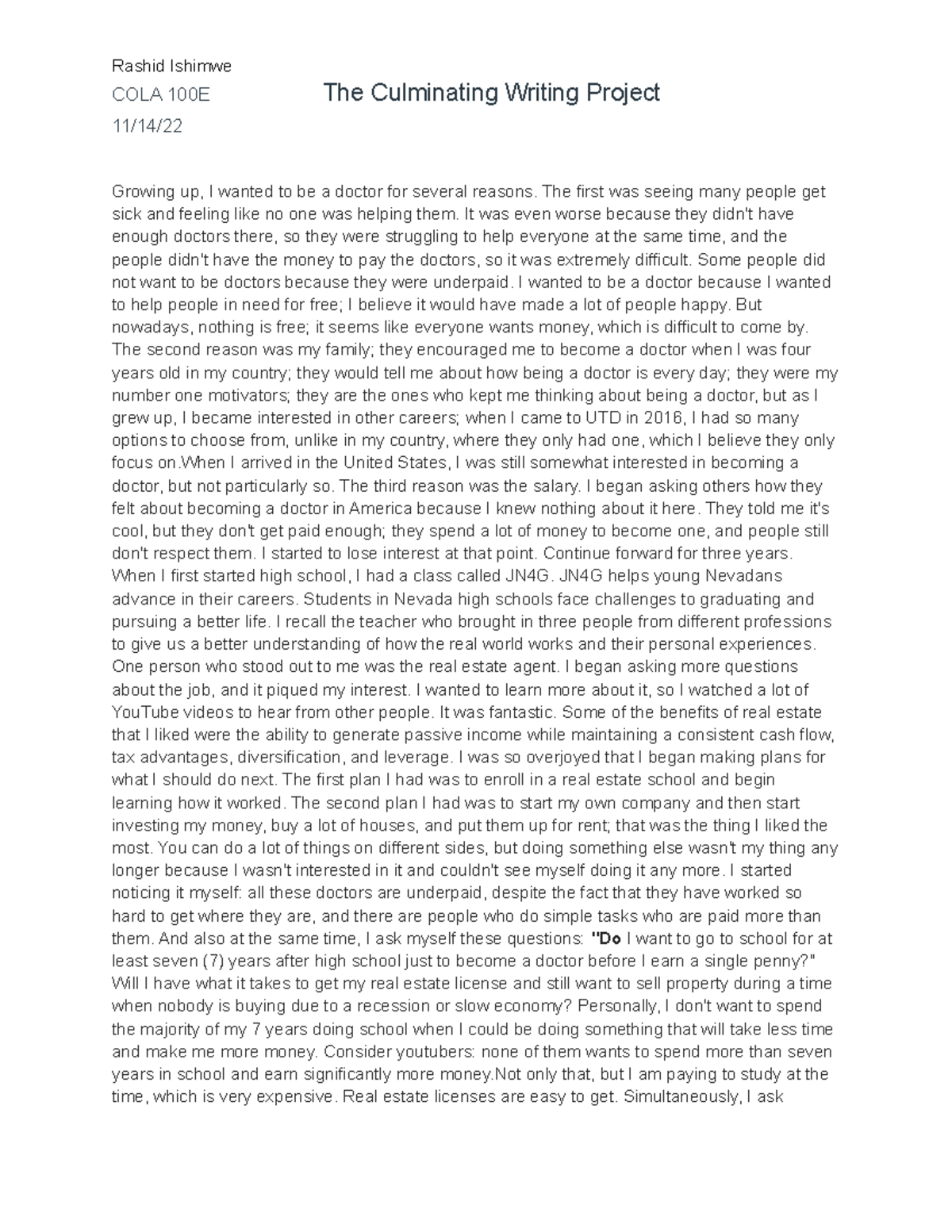 The Culminating Writing Project - COLA 100E The Culminating Writing ...