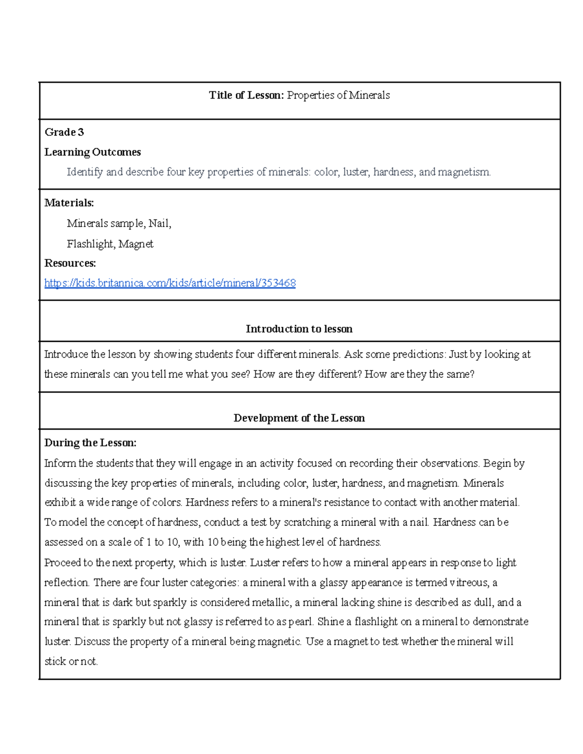 Lesson Plan - Title of Lesson: Properties of Minerals Grade 3 Learning ...