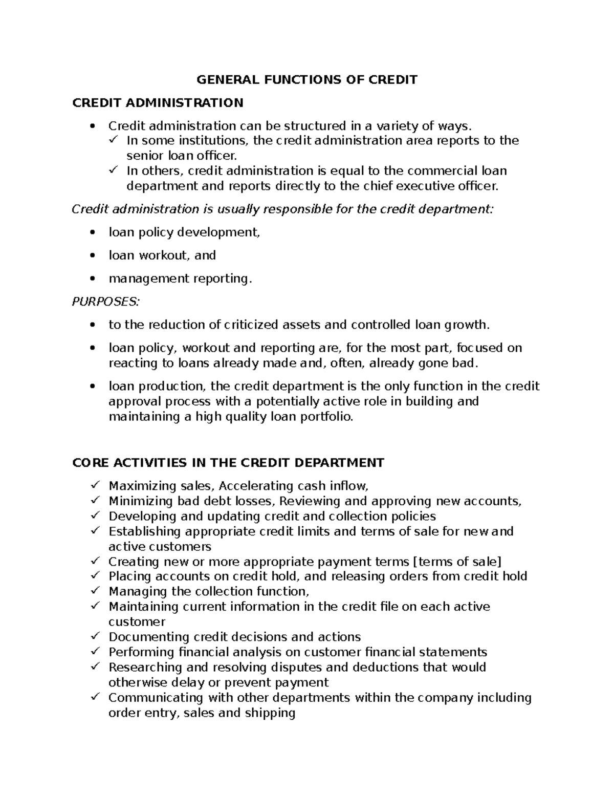 Fnmngt 3- 1 - ESSAY - GENERAL FUNCTIONS OF CREDIT CREDIT ADMINISTRATION ...