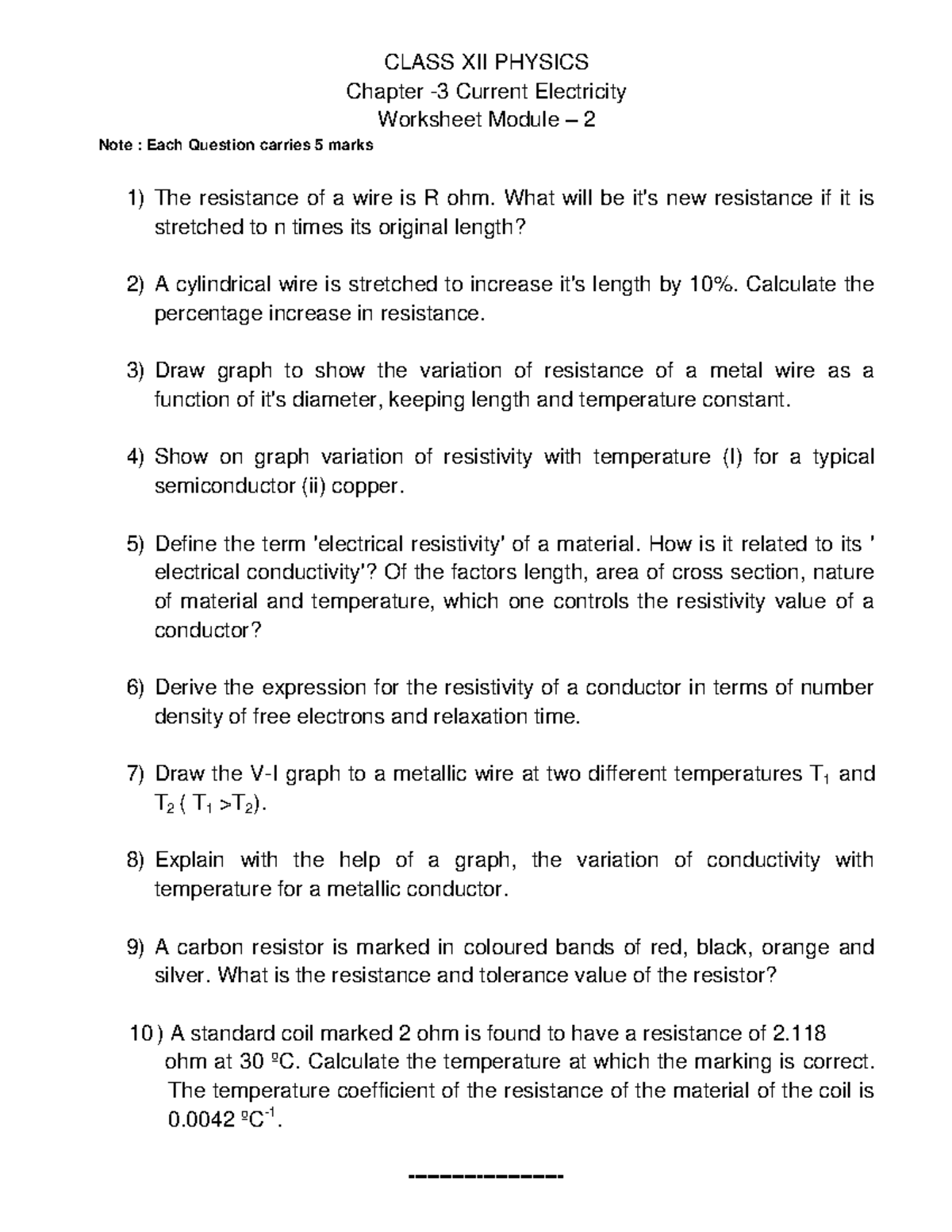 Worksheet Class XII Physics Chapter 3 Current Electricity Module -2 ...