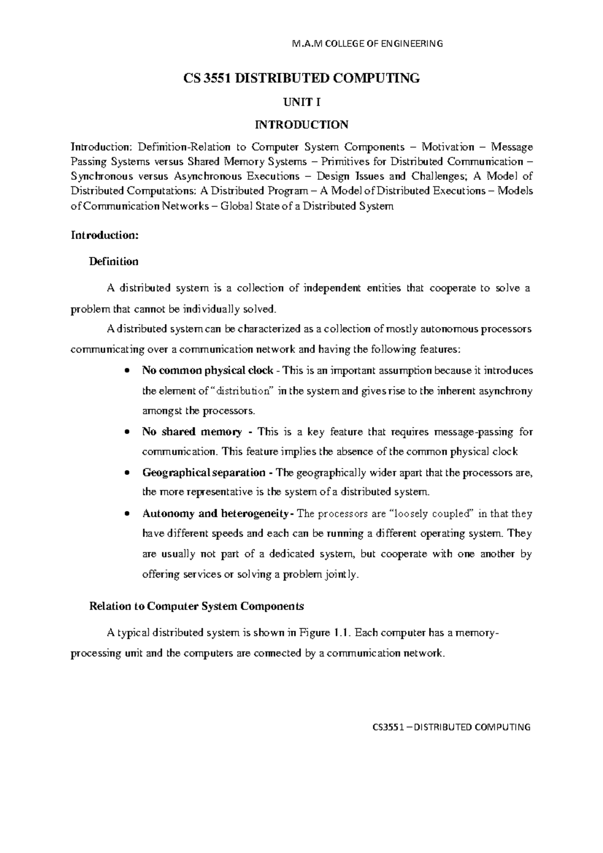 DC CS3551 - Pff - CS 3551 DISTRIBUTED COMPUTING UNIT I INTRODUCTION Introduction: - Studocu