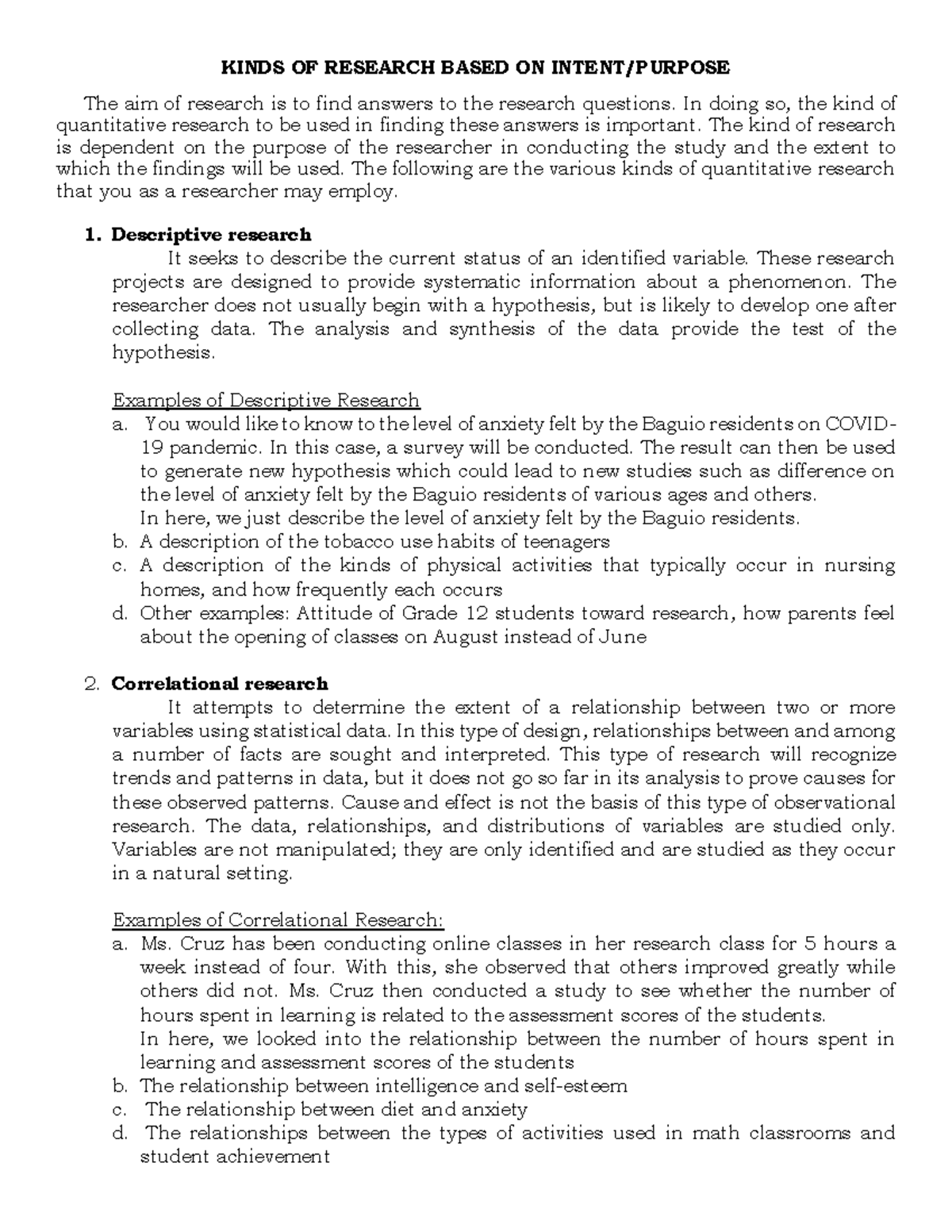 Kinds OF Research Based ON Intent - KINDS OF RESEARCH BASED ON INTENT ...