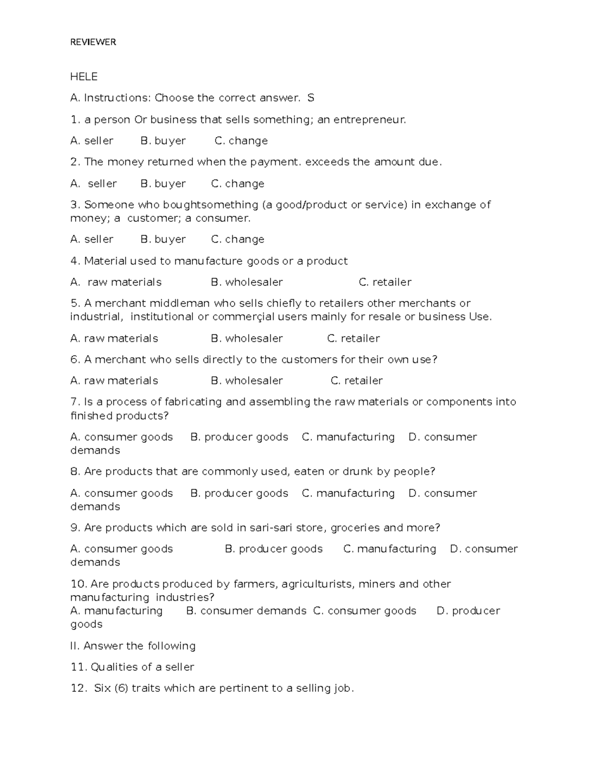 Reviewer FOR Grade 6 - HELE A. Instructions: Choose the correct answer ...