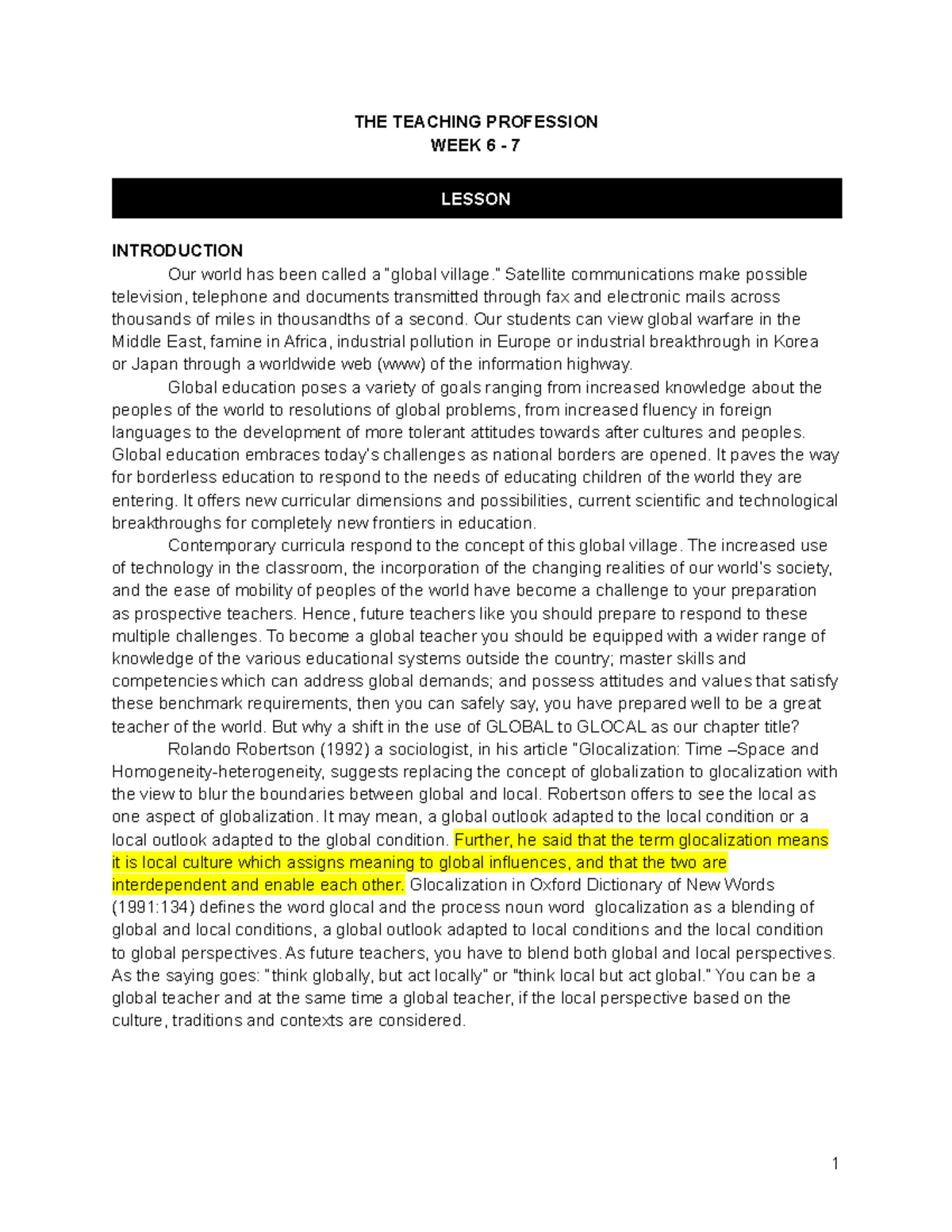 WK6-7 - Becoming A Glocal Teacher - THE TEACHING PROFESSION WEEK 6 - 7 ...