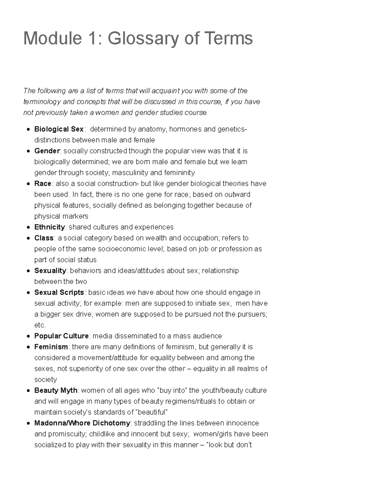 Module 1 Glossary Of Terms Wst 371 Sex And The City 2021 Spring A