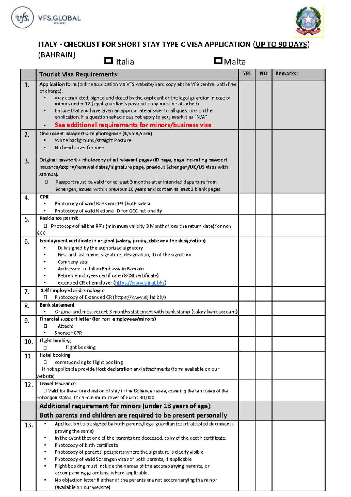Checklist for short stay type c visa applications 2022 - ITALY ...