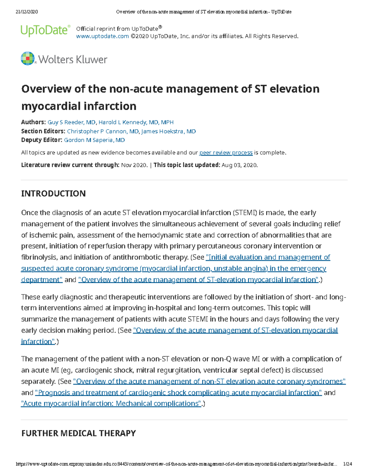Overview of the non-acute management of ST elevation myocardial ...