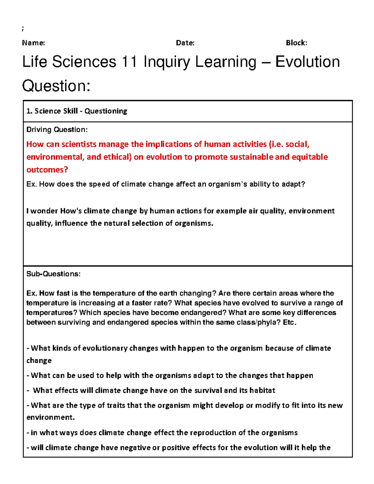 Evolution Inquiry - Student Learning Guide Ch - ; Name: Date: Block ...