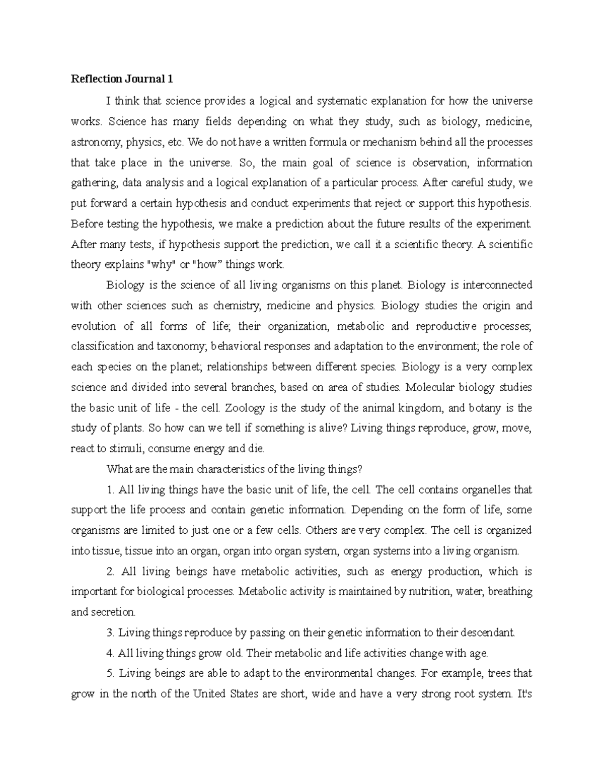 Reflection Journal 1 Bio - Reflection Journal 1 I think that science ...