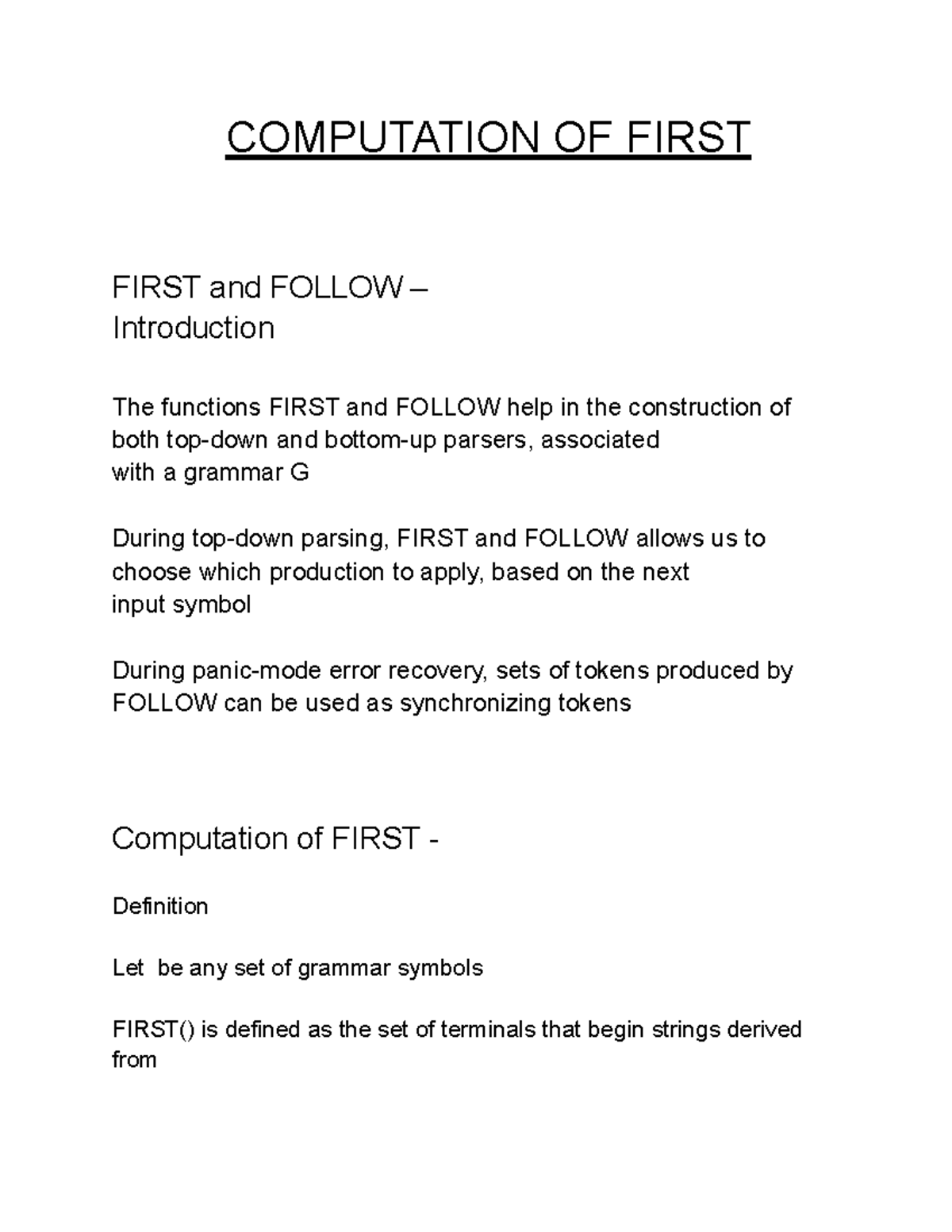 Computation OF First - COMPUTATION OF FIRST FIRST and FOLLOW ...