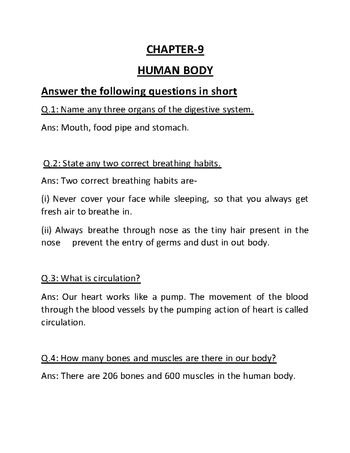 Human Body Class 3 CHAPTER HUMAN BODY Answer The Following Questions