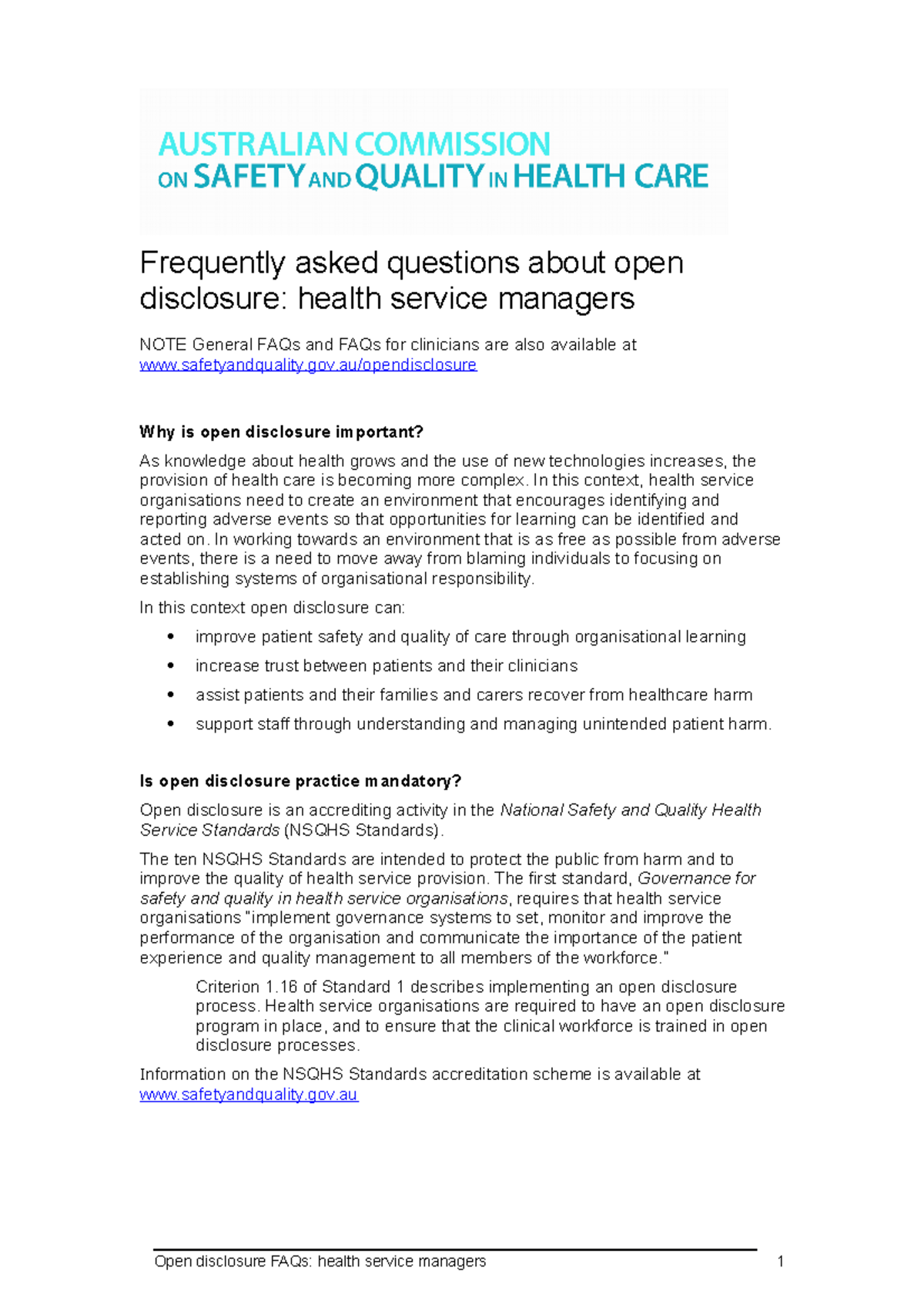 Open disclosure FAQs managers - Frequently asked questions about open ...