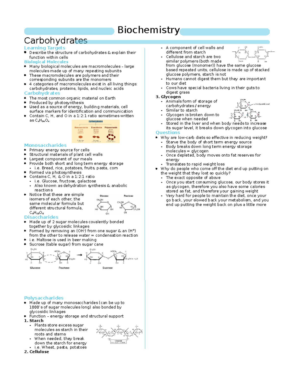 Lesson 6 - Carbohydrates - Biochemistry Carbohydrates Learning Targets ...