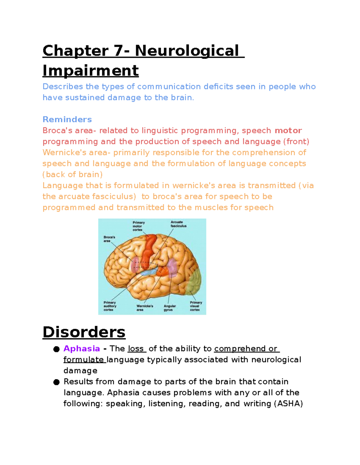 CSD 155 Unit 3 Notes - Chapter 7- Neurological Impairment Describes the ...