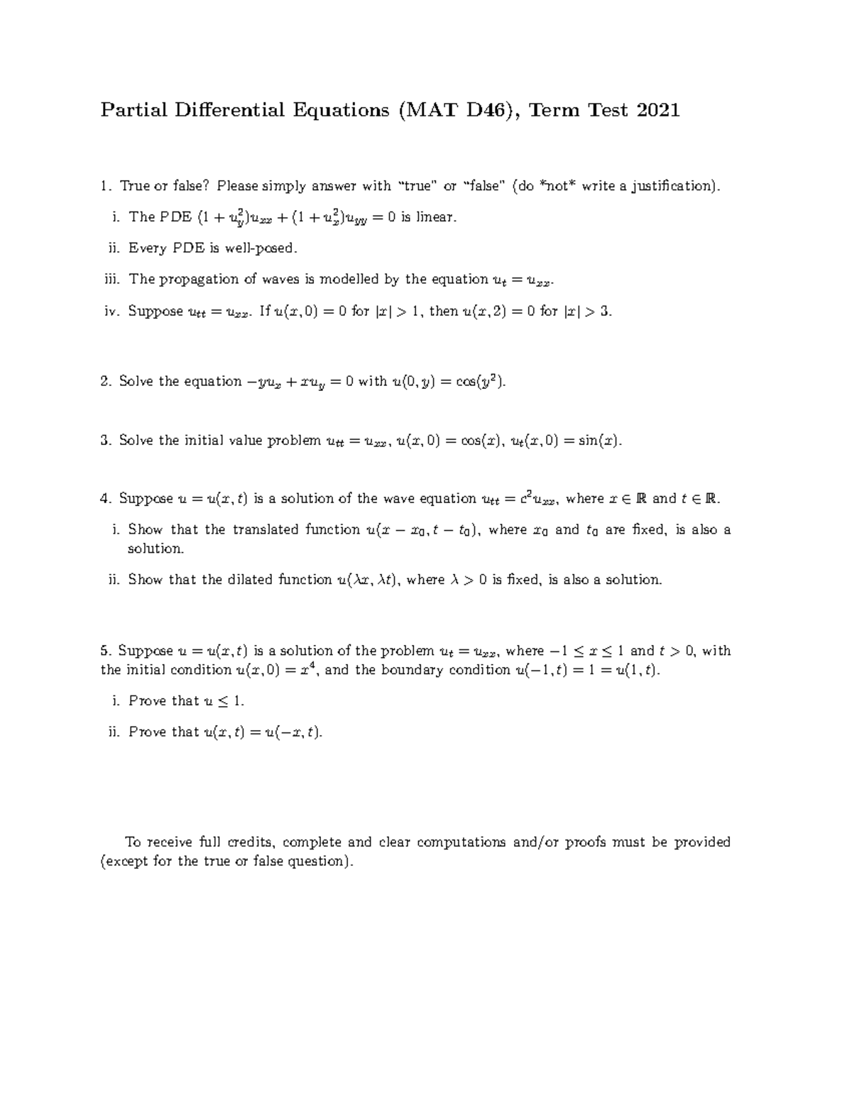 D46 Term Test 2021 - practice midterm questions - Partial Differential ...