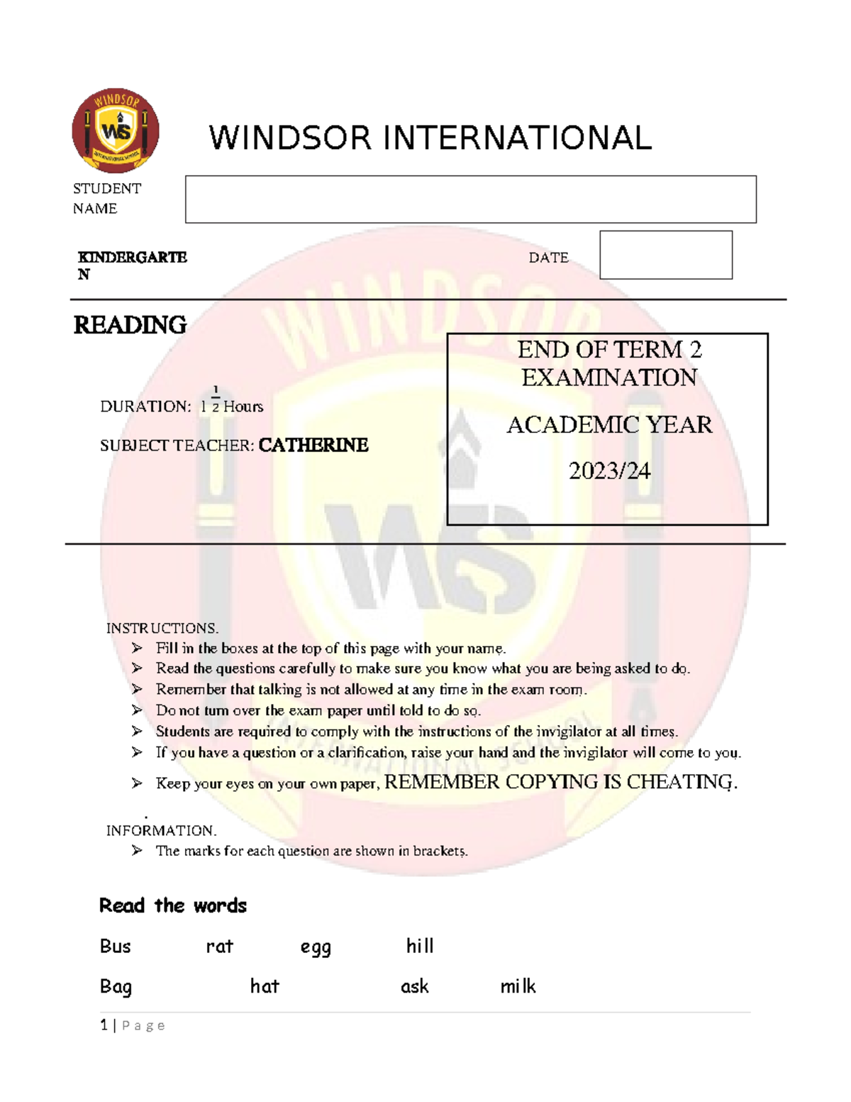 Exams 1 - Exam - DURATION: 1 Hours SUBJECT TEACHER: CATHERINE ...