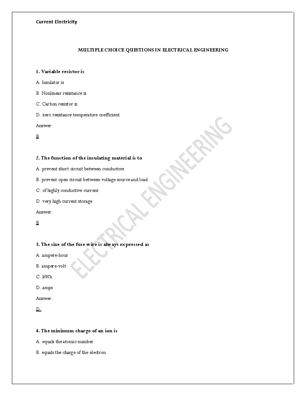 Electrical Engineering Practice Quizzes 4 - MULTIPLE CHOICE QUESTIONS ...