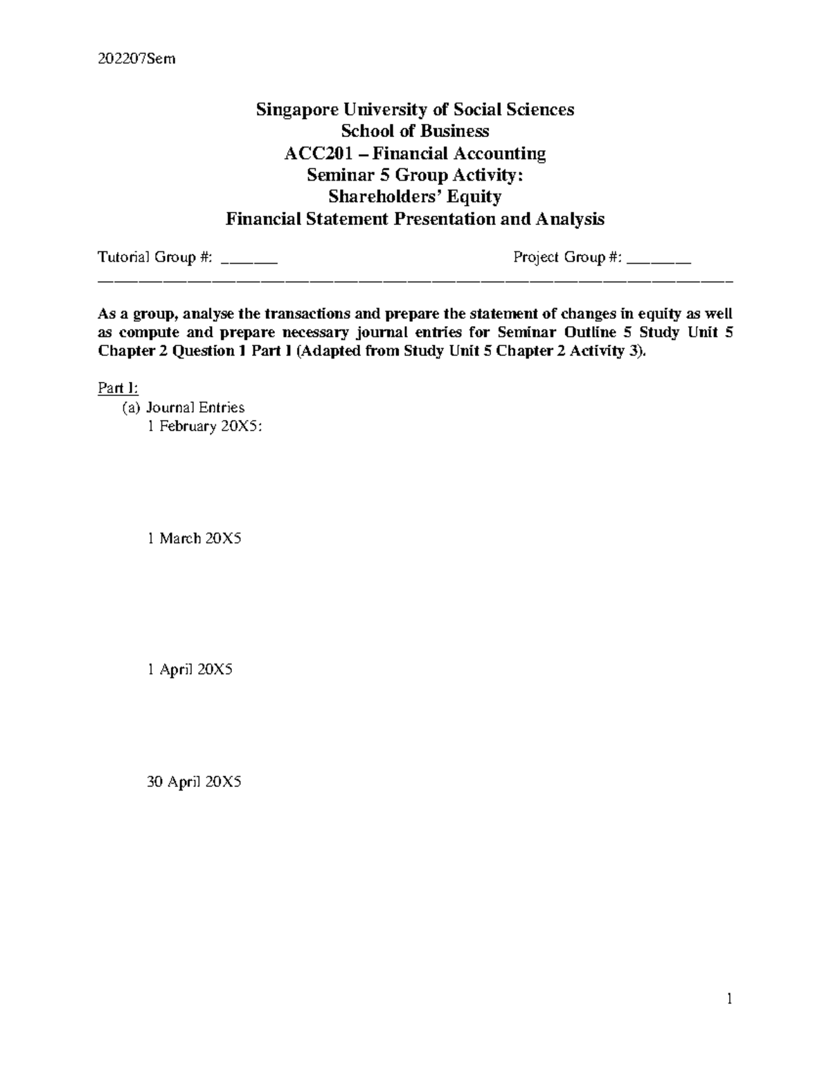 ACC201 Seminar 5 Outline Activity Sheet P - Singapore University of ...