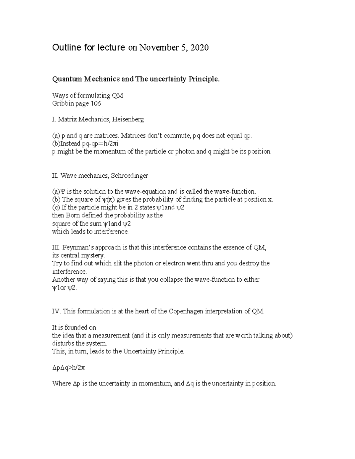 Outline - physics - Outline for lecture on November 5, 2020 Quantum ...