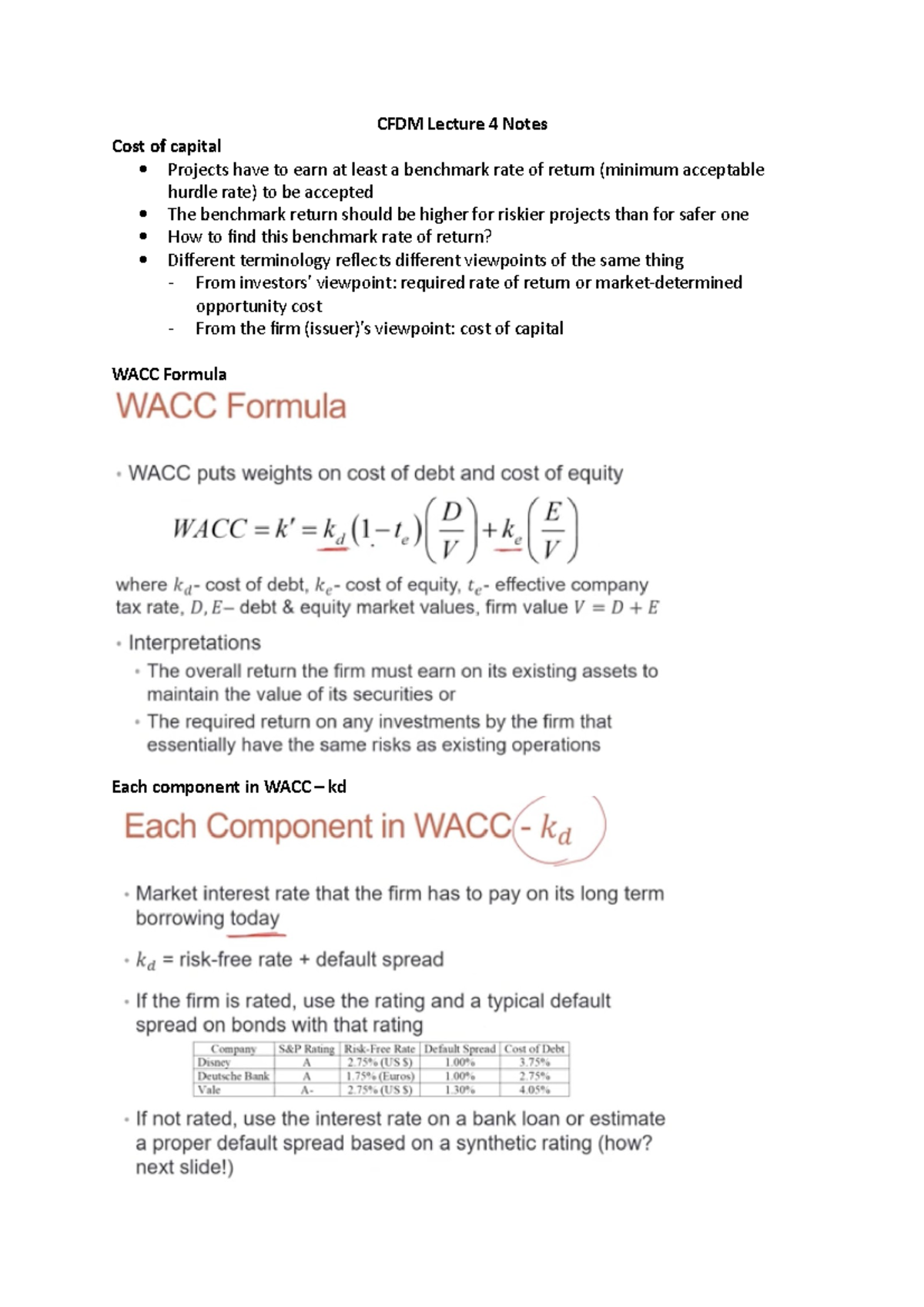 CFDM Lecture 4 Notes - CFDM Lecture 4 Notes Cost of capital Projects ...