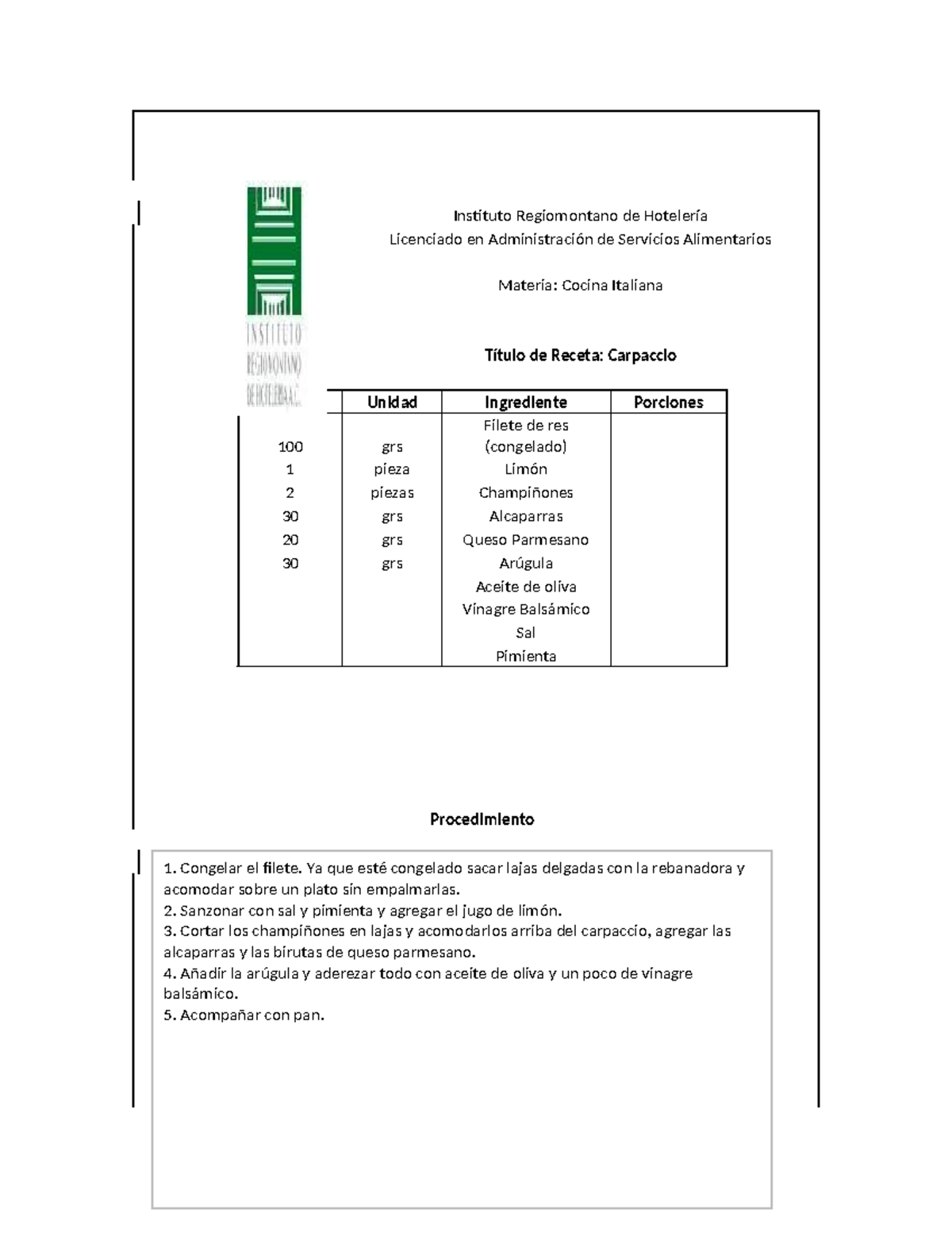 Cocina fría, receta para preparar carpacho - Instituto Regiomontano de ...