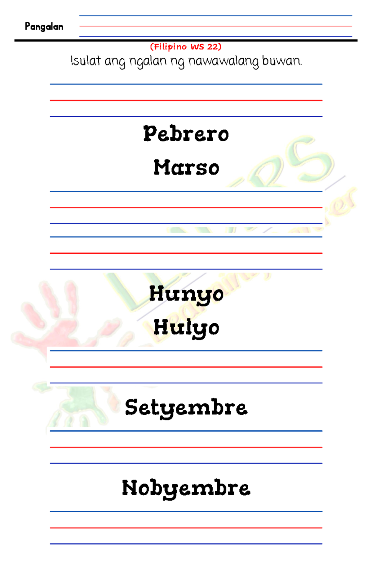 March- Filipino - kinder - (Filipino WS 22) ####### Isulat ang ngalan ...