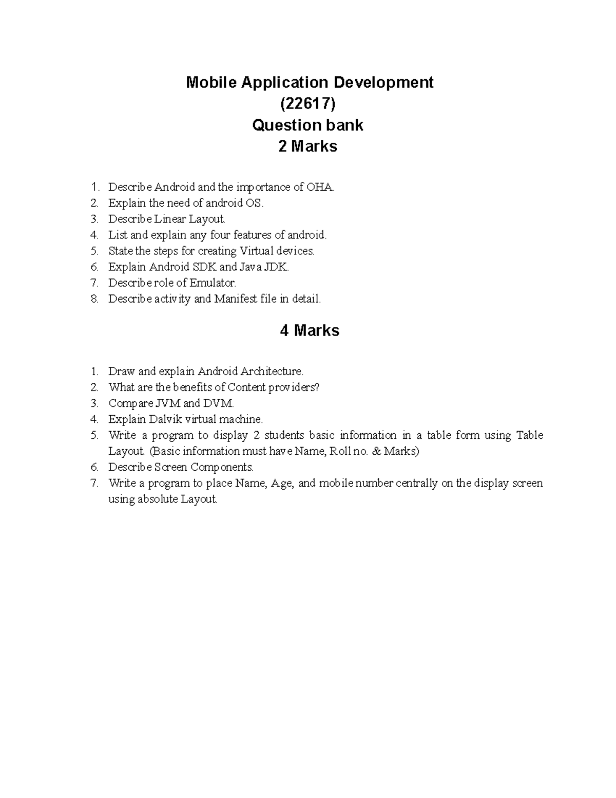 QB MAD UT1 - Mobile Application Development (22617) Question bank 2 Marks 1. Describe Android ...