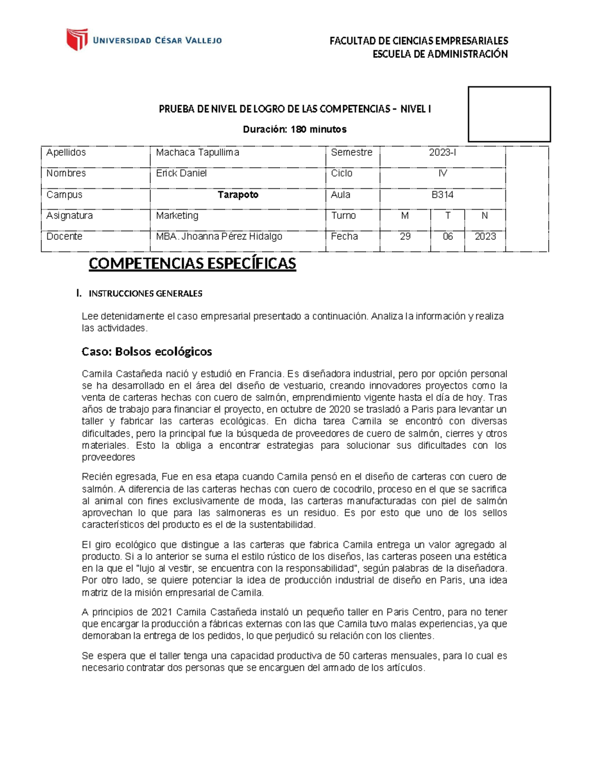 Nivel I ADM PNL 2023-1 - ESCUELA DE ADMINISTRACIÓN PRUEBA DE NIVEL DE LOGRO DE LAS COMPETENCIAS ...
