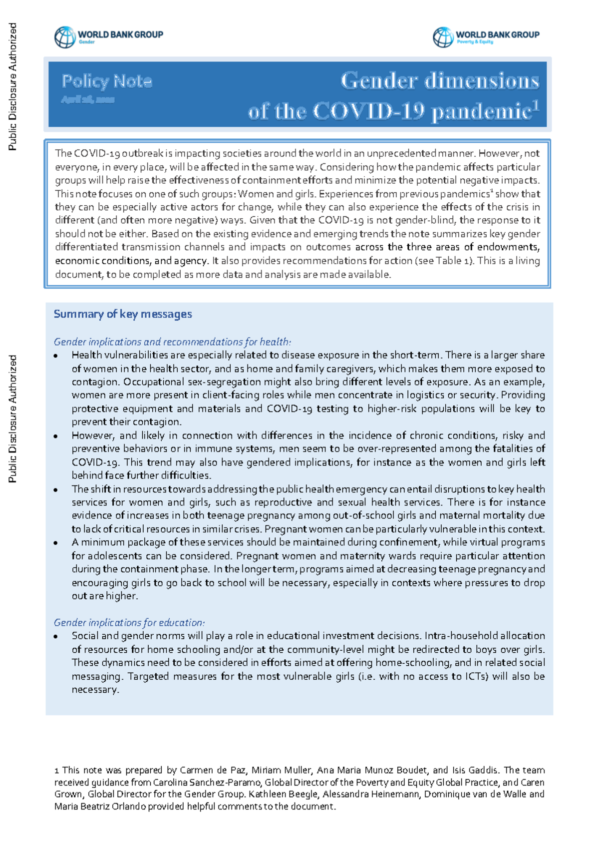 Gender Dimensions of the Covid 19 Pandemic - 1 This note was prepared ...