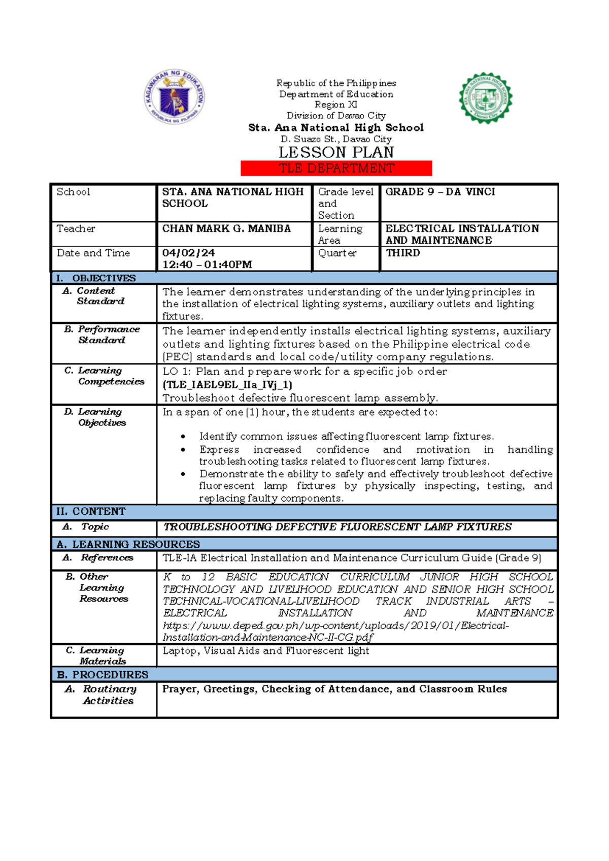 CHAN Lesson PLAN 1 EIM - study - School STA. ANA NATIONAL HIGH SCHOOL Grade level and Section ...