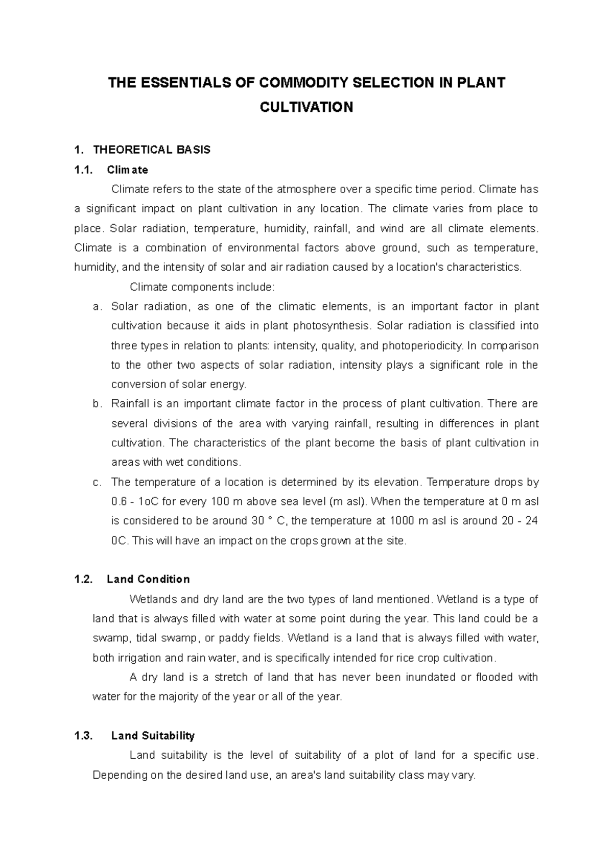 Lecture notes THE Essentials OF Commodity Selection IN Plant ...