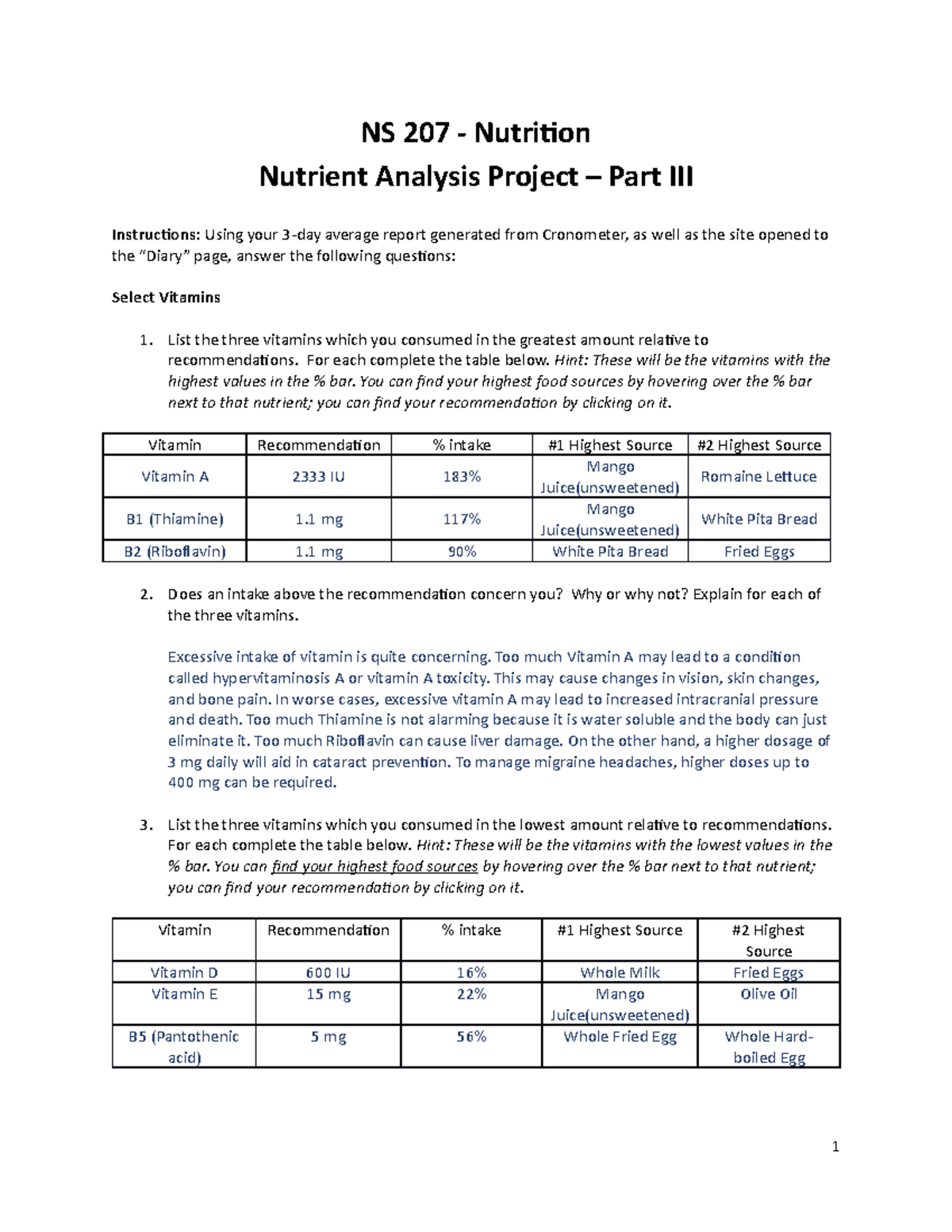 NAP Part 3 - class work - NS 207 - Nutrition Nutrient Analysis Project ...