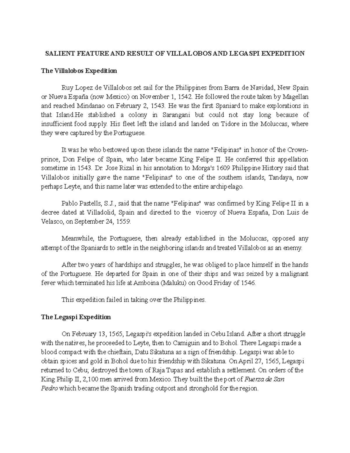 Salient Feature and Result of Villalobos and Legaspi Expedition ...