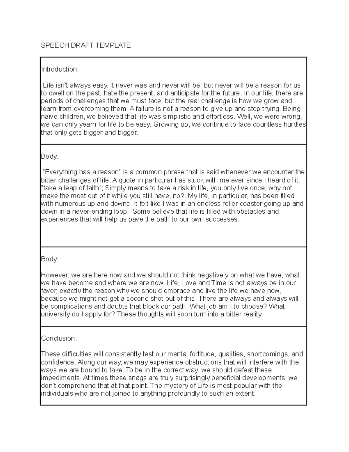 Oral com PT2A1 Draft making - SPEECH DRAFT TEMPLATE Introduction: Life ...