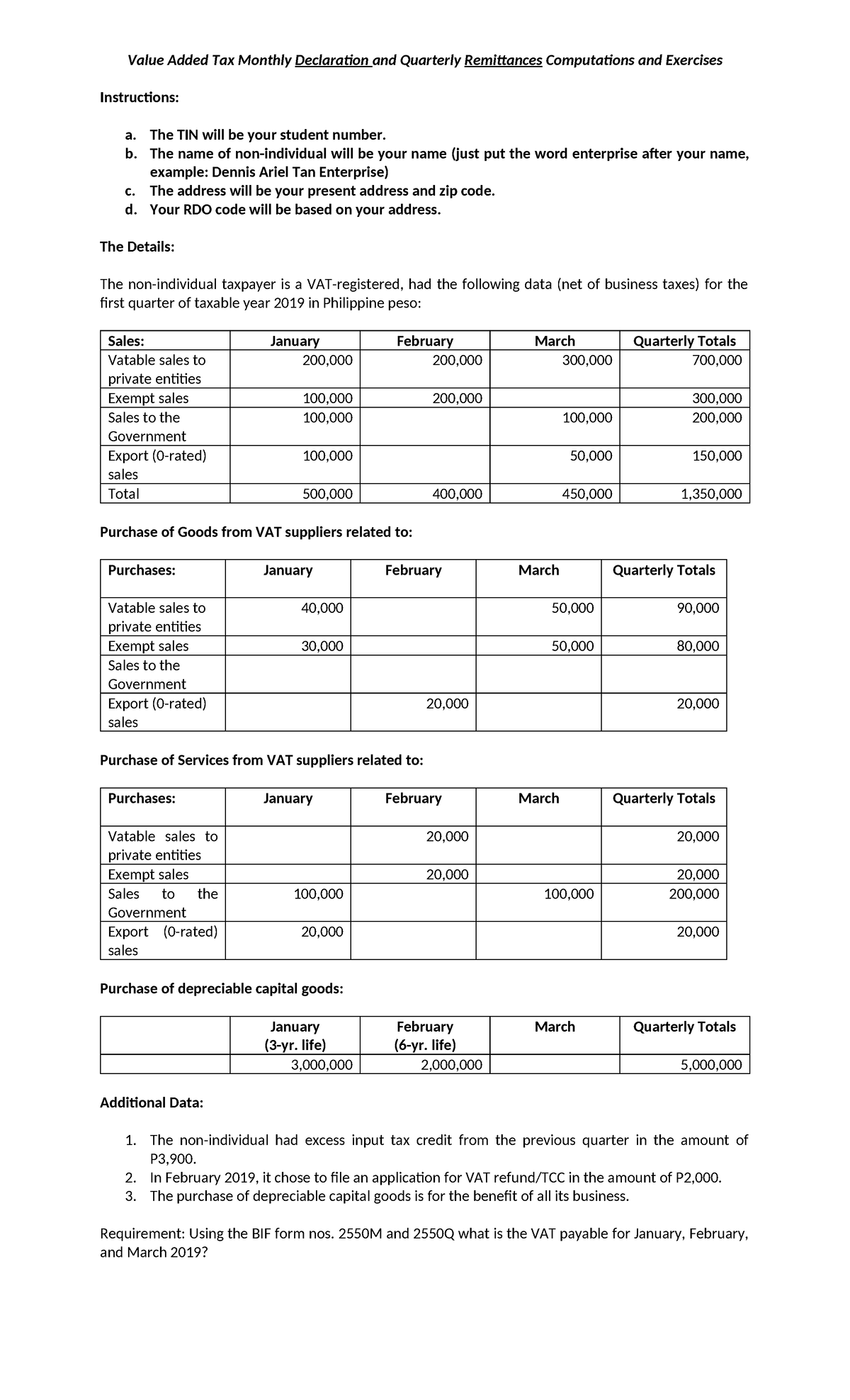 Value Added Tax Monthly Declaration and Quarterly Remittances Computations and Exercises - The ...