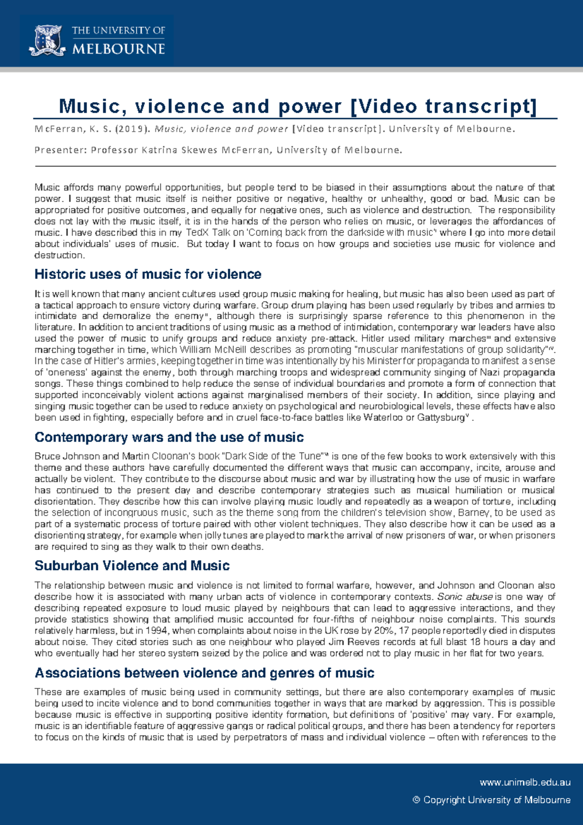 MUSI2015 0 Music, violence and power - Video transcript - unimelb ...