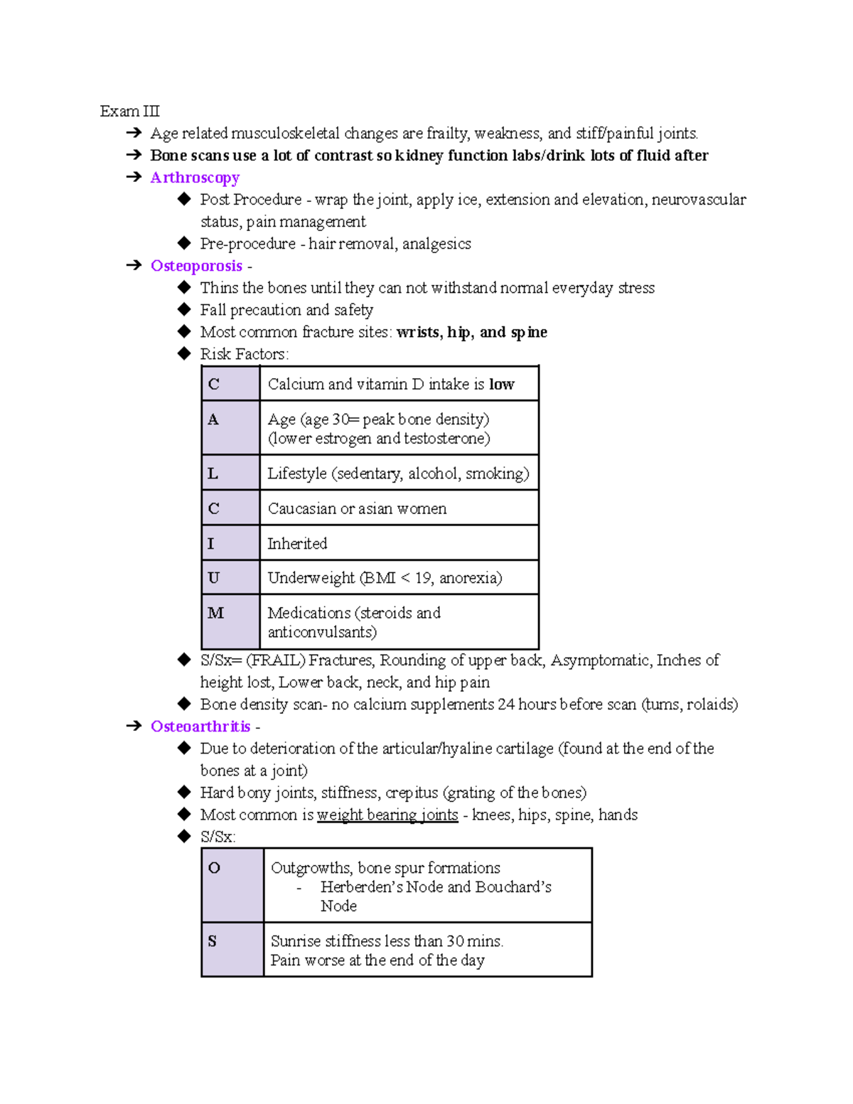 Med Surge Exam III - Notes for xlass - Exam III Age related ...