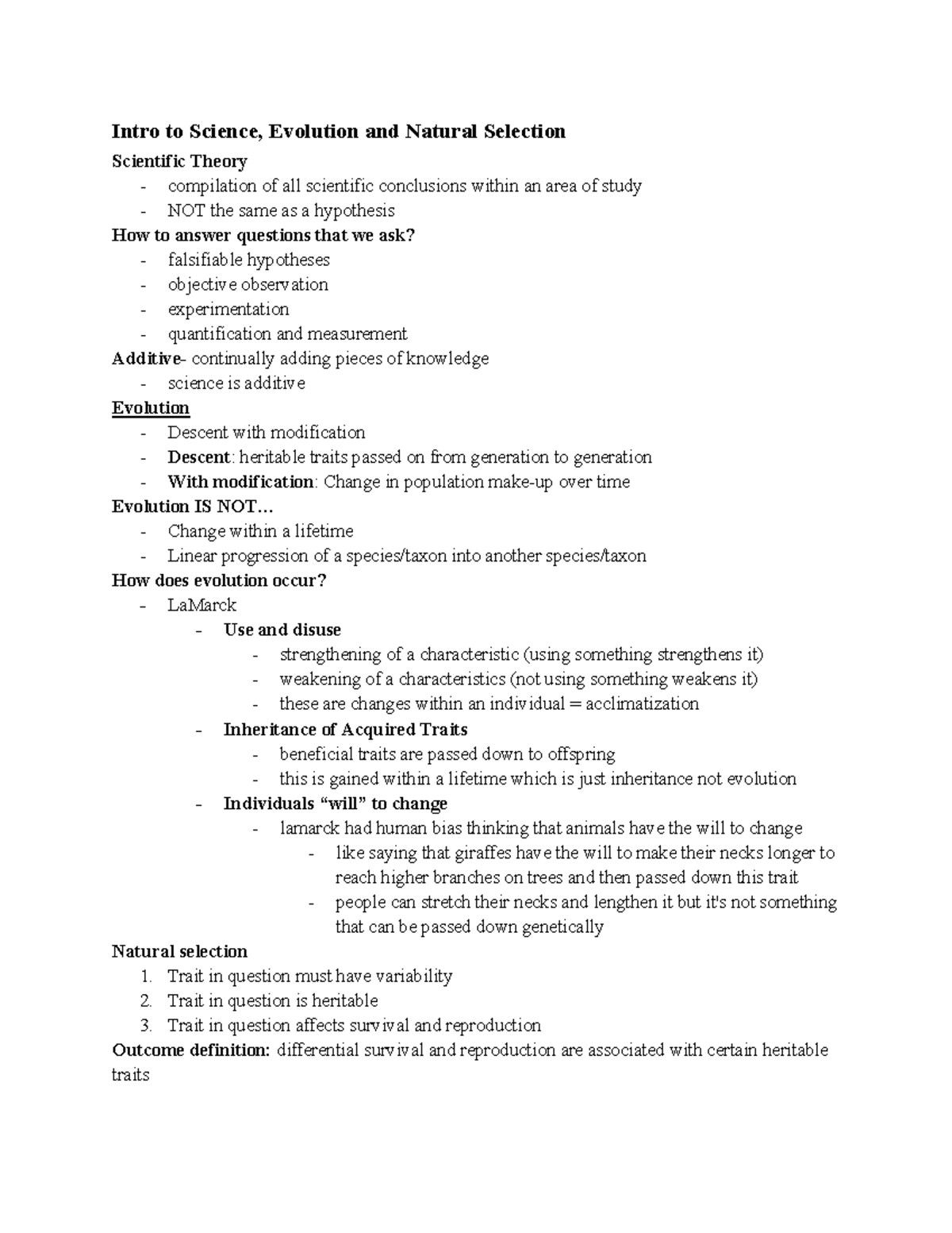 Biology 1620 Exam 1 Notes - Intro to Science, Evolution and Natural ...