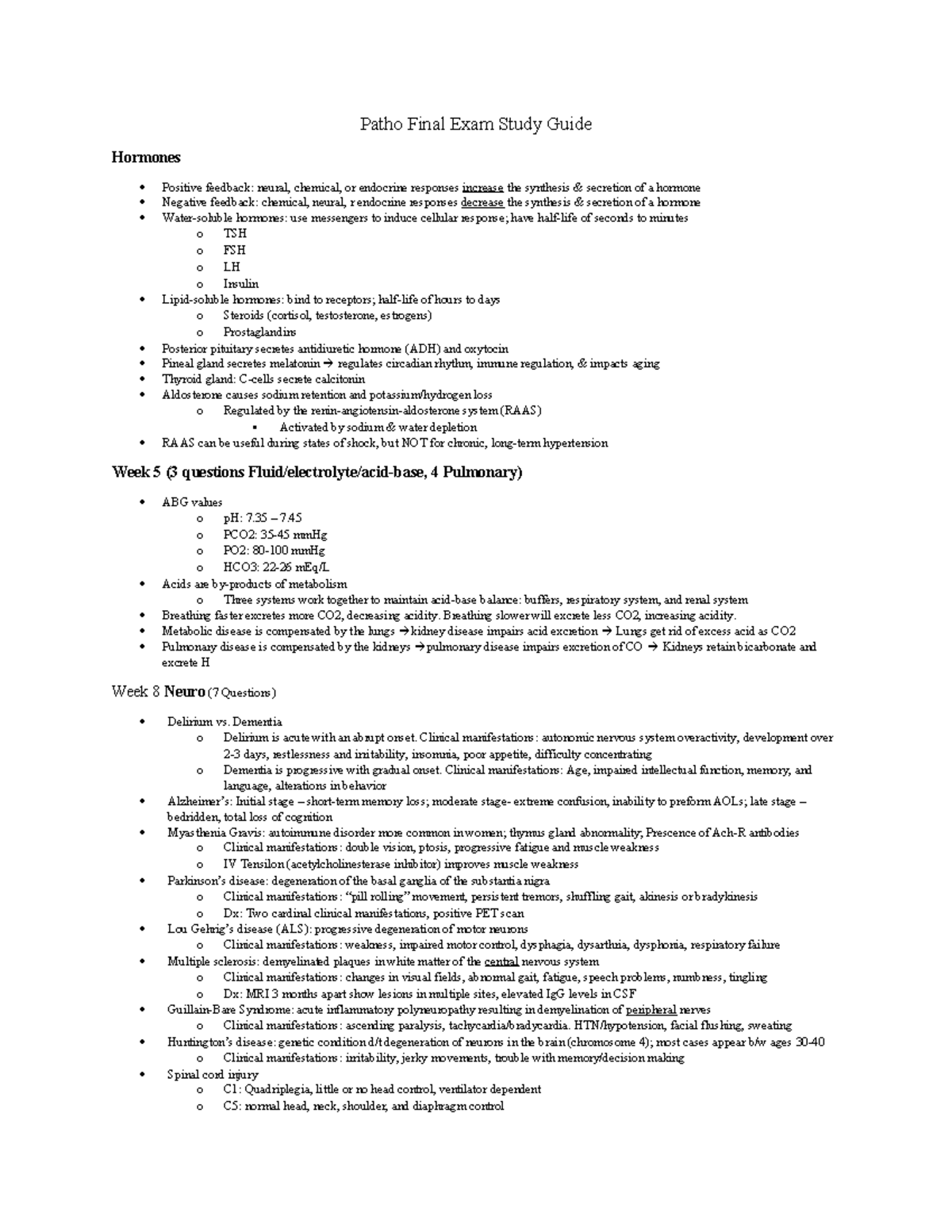 Patho Final Exam Study Guide - Patho Final Exam Study Guide Hormones Positive feedback: neural ...