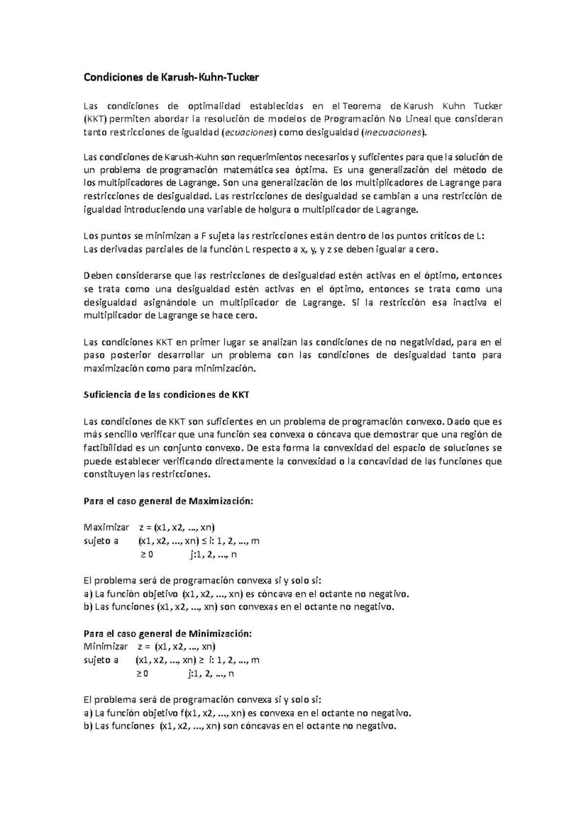 Condiciones de Karush - PROGRAMACION LINEAL - Condiciones de Karush ...