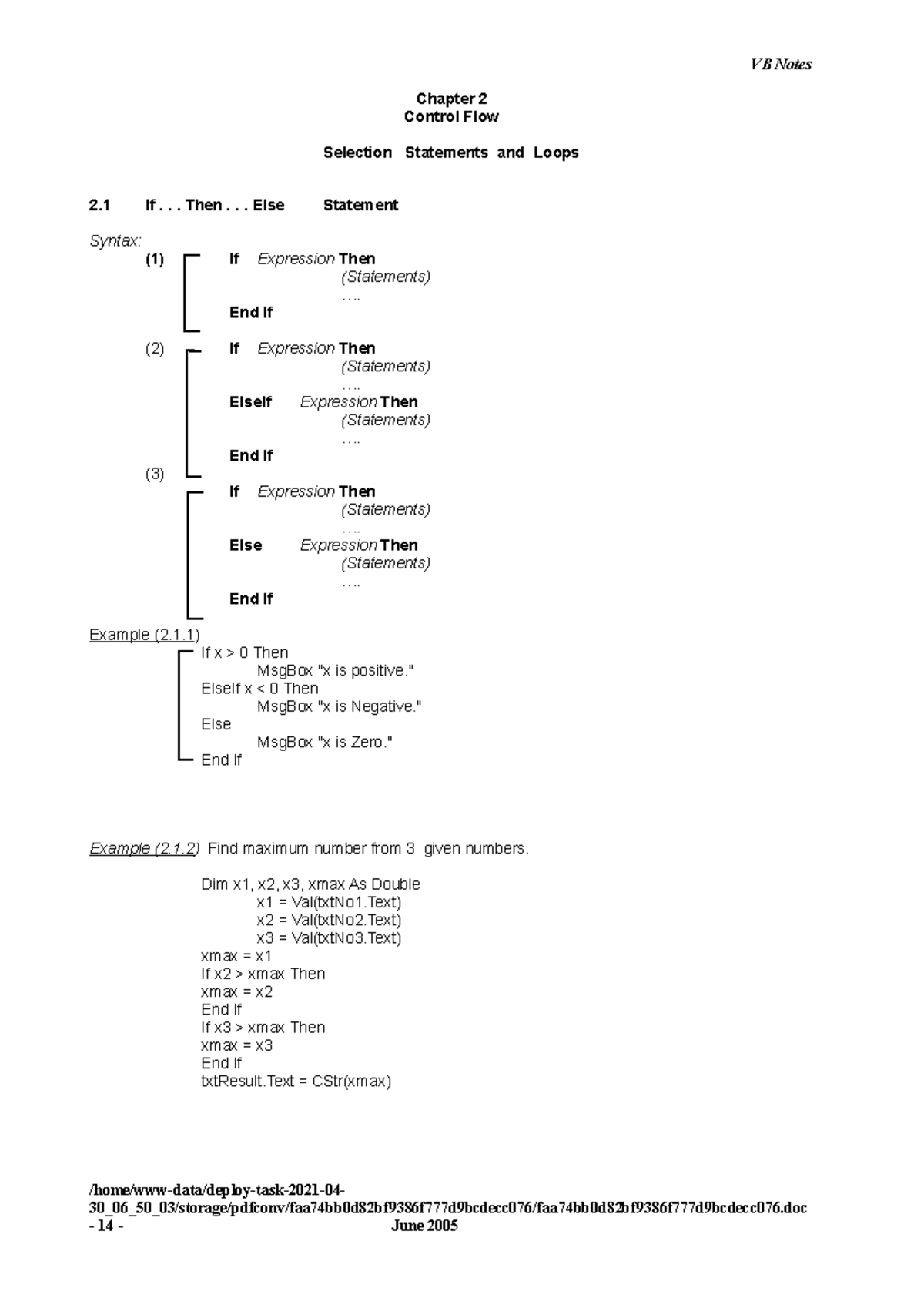 Comp621 (chp2)VB - Visual Basic 6.0 - Chapter 2 Control Flow Selection Statements and Loops 2 If ...