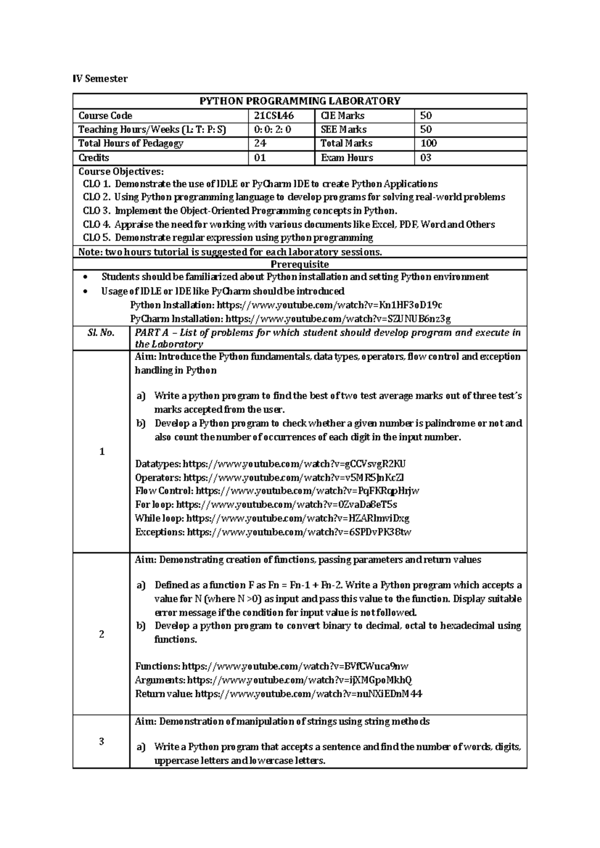 PPL 21CSL46 - Hsbzbz - IV Semester PYTHON PROGRAMMING LABORATORY Course Code 21CSL46 CIE Marks ...