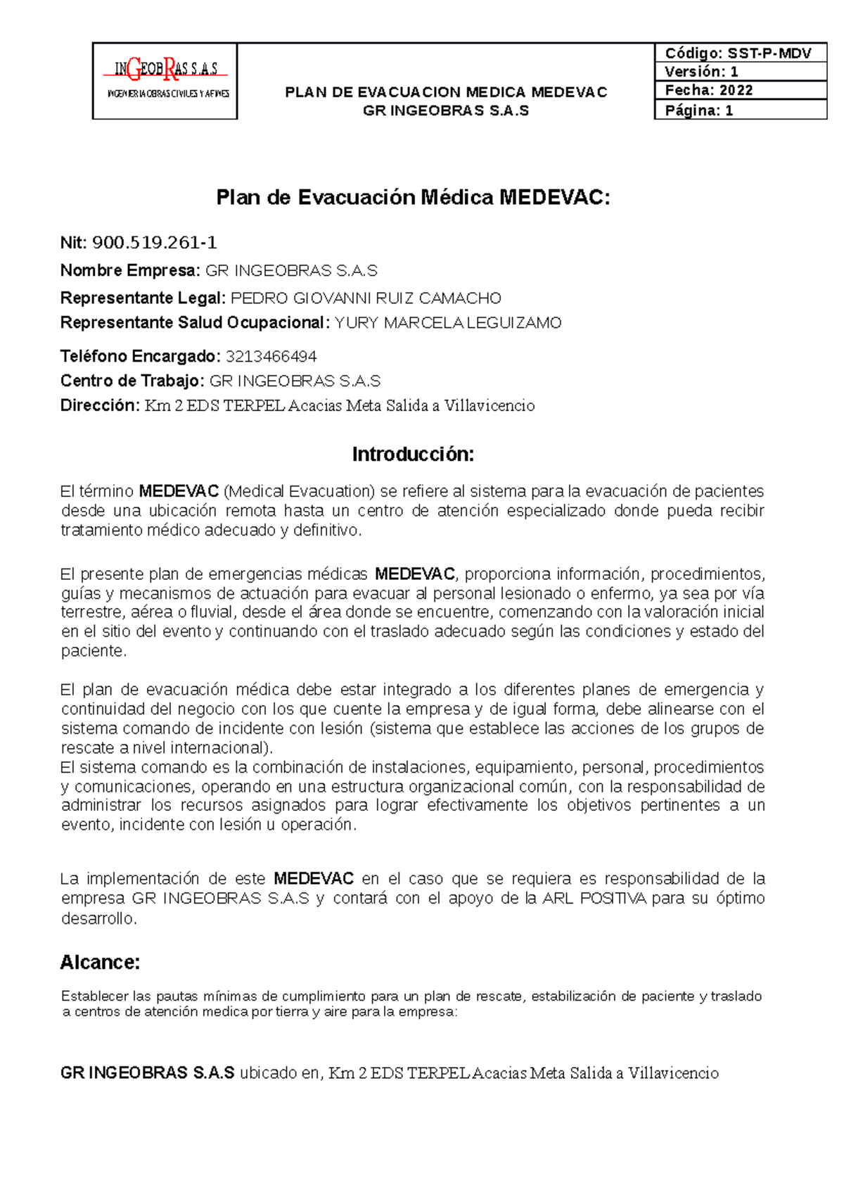 Plan de Evacuación Médica Medevac - ING EOB RAS S.A INGENIERIA OBRAS ...