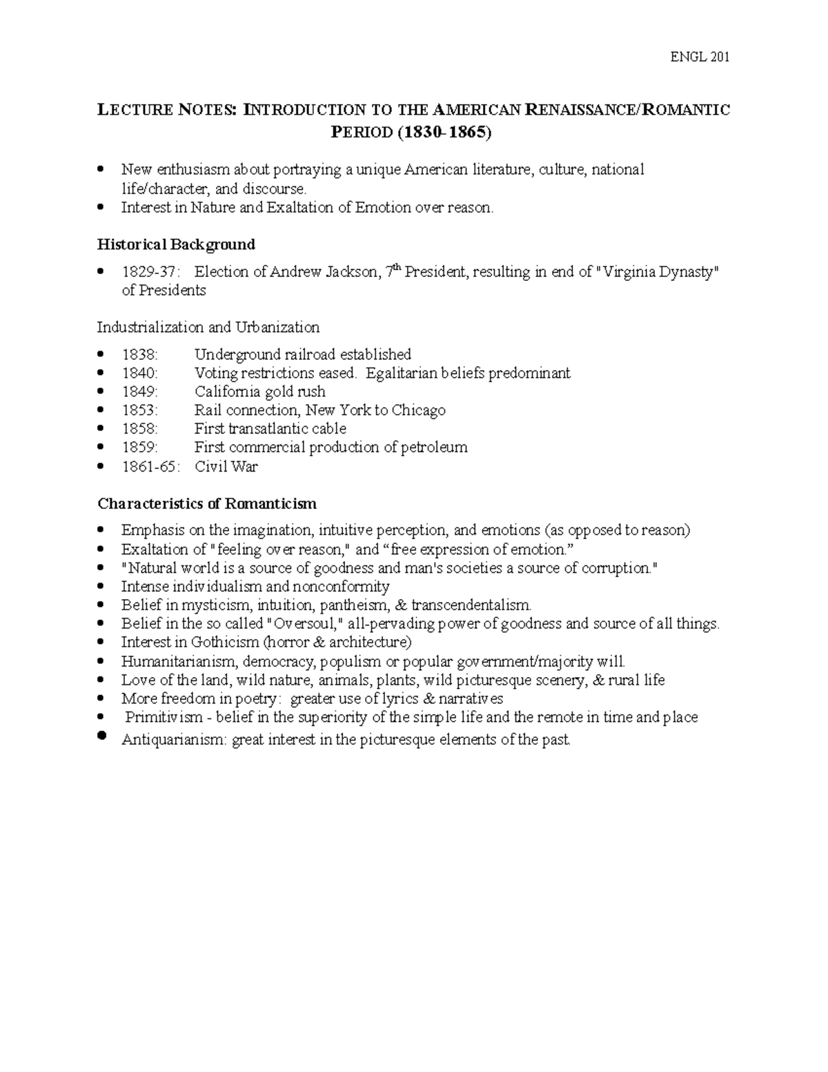 Lecture Notes Introduction to the American Renaissance Romantic Period ...