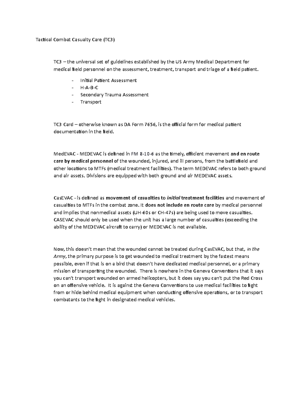 Tactical Combat Casualty Care - Initial Patient Assessment H-A-B-C ...