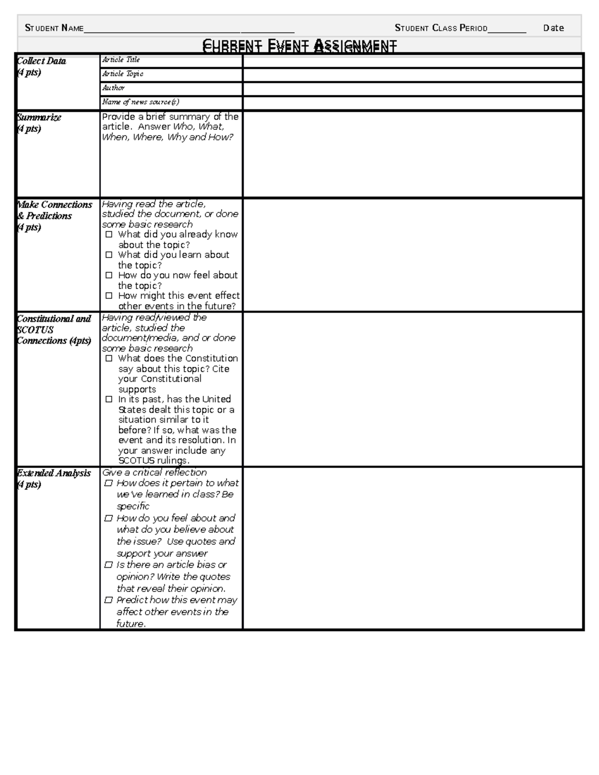 Current Event Student Evaluation Sheet r09 - Collect Data (4 pts ...
