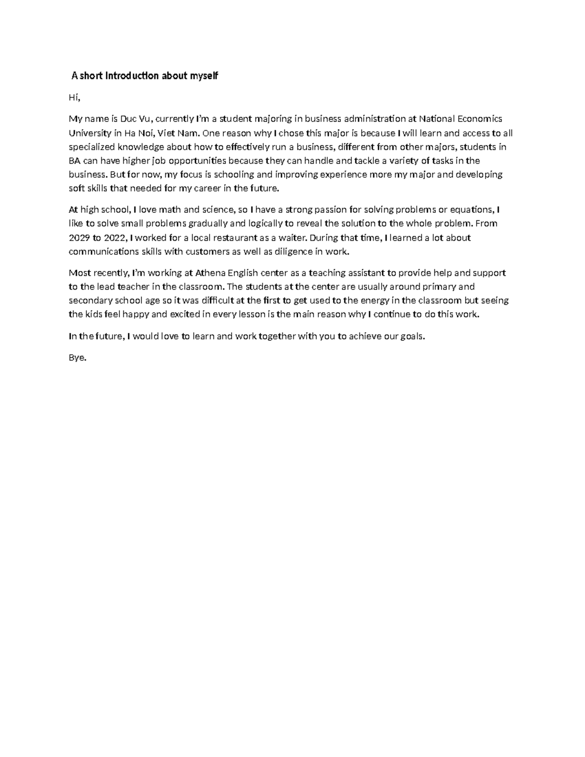 A short introduction about myself - One reason why I chose this major ...